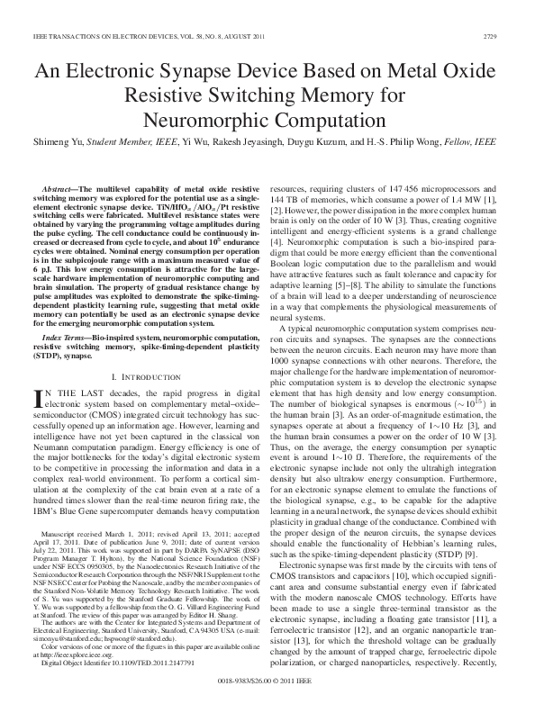 (PDF) An Electronic Synapse Device Based on Metal Oxide Resistive Switching Memory for ...