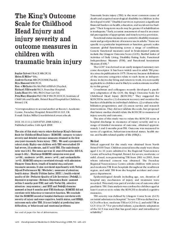 (PDF) The King's Outcome Scale for Childhood Head Injury and injury ...