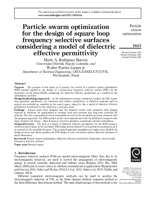 Pdf Particle Swarm Optimization For The Design Of Square Loop Frequency Selective Surfaces