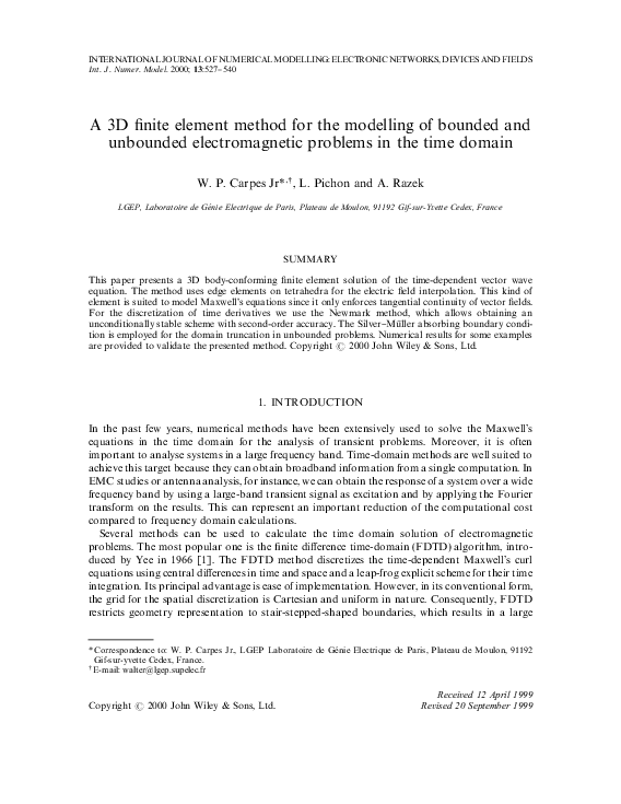 Pdf A 3d Finite Element Method For The Modelling Of Bounded And Unbounded Electromagnetic