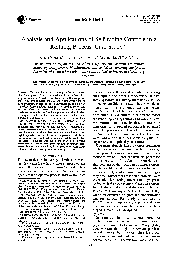 (PDF) Analysis and applications of self-tuning controls in a refining process: Case study
