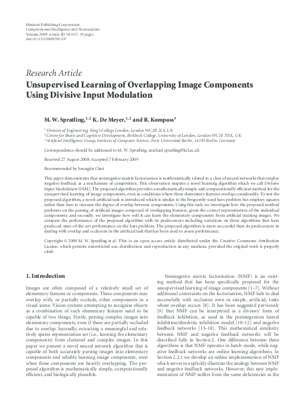 Pdf Unsupervised Learning Of Overlapping Image Components Using Divisive Input Modulation