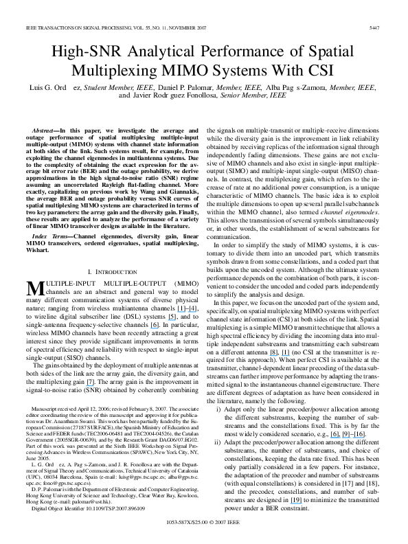 Pdf High Snr Analytical Performance Of Spatial Multiplexing Mimo Systems With Csi