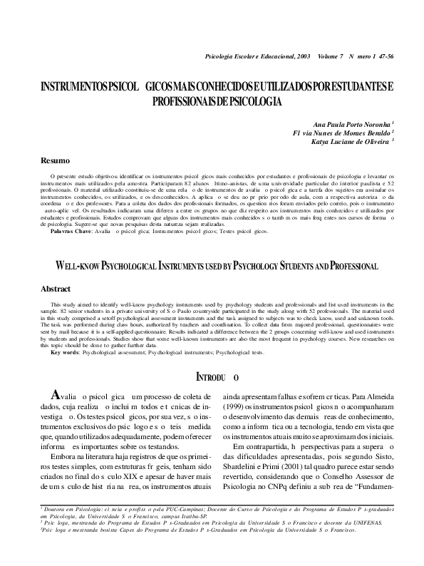 INSTRUMENTOS PSICOLÓGICOS MAIS CONHECIDOS E UTILIZADOS POR ESTUDANTES E ...