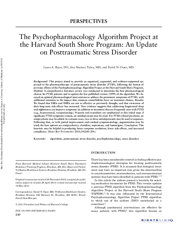(PDF) The psychopharmacology algorithm project at the harvard south ...