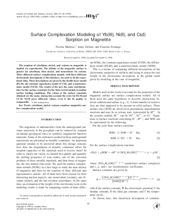 (PDF) Surface Complexation Modeling of Yb(III), Ni(II), and Cs(I ...