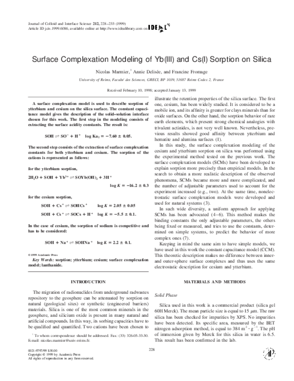 (PDF) Surface Complexation Modeling of Yb(III) and Cs(I) Sorption on Silica