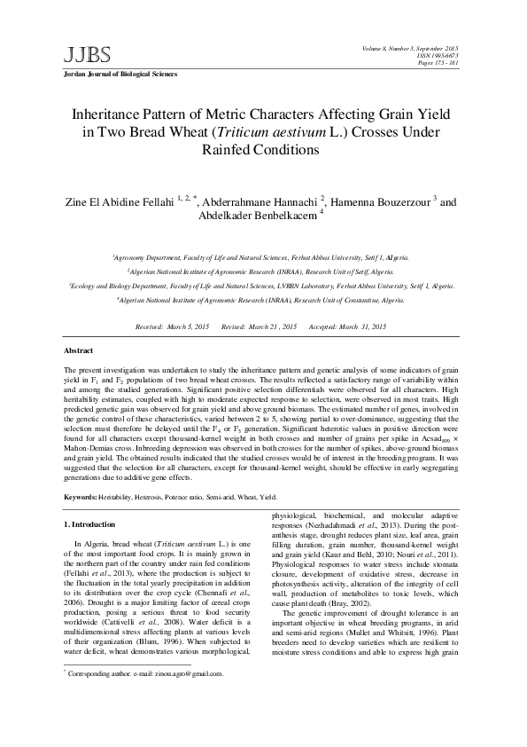 Inheritance Pattern of Metric Characters Affecting Grain Yield in Two ...