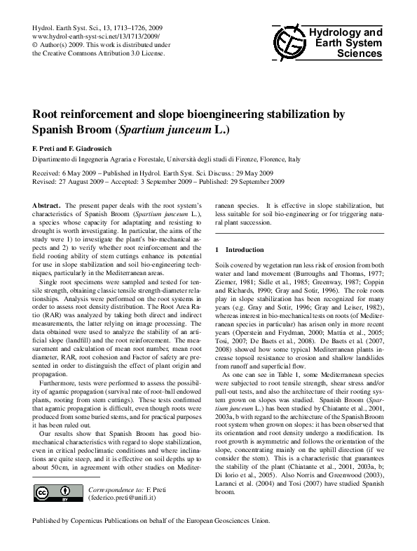 (PDF) Root reinforcement and slope bioengineering stabilization by ...