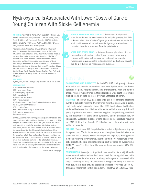 (PDF) Hydroxyurea Is Associated With Lower Costs of Care of Young ...