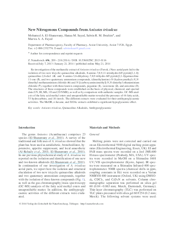 Pdf New Nitrogenous Compounds From Anisotes Trisulcus Hanaa Sayed
