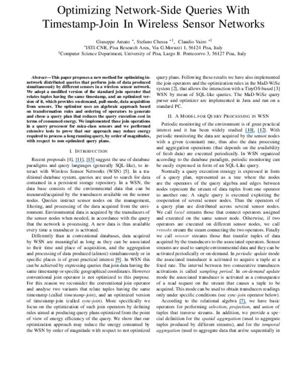 Pdf Optimizing Network Side Queries With Timestamp Join In Wireless Sensor Networks Giuseppe
