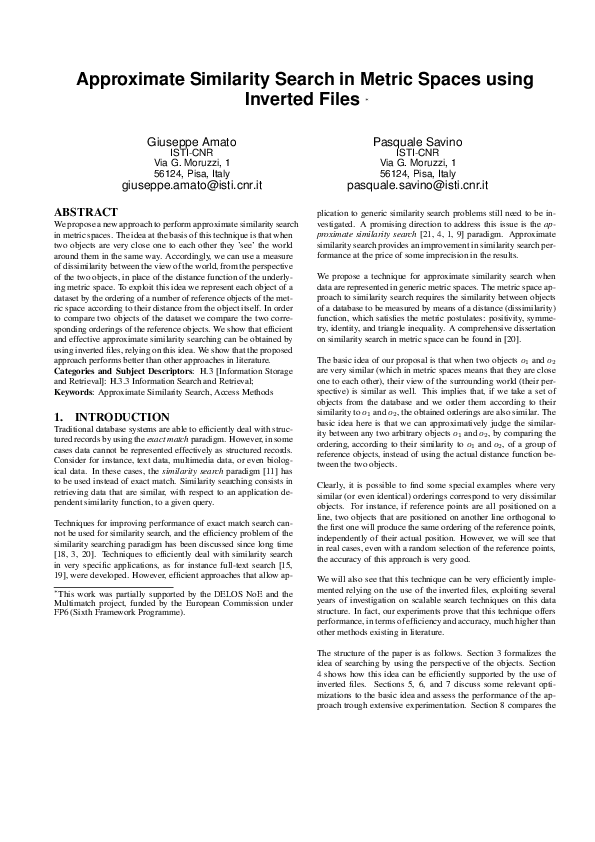 (PDF) Approximate similarity search in metric spaces using inverted files