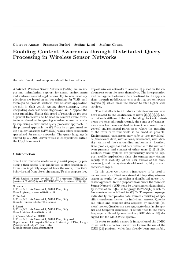 Pdf Enabling Context Awareness Through Distributed Query Processing In Wireless Sensor