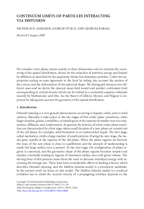 Pdf Continuum Limits Of Particles Interacting Via Diffusion Giorgio Fusco