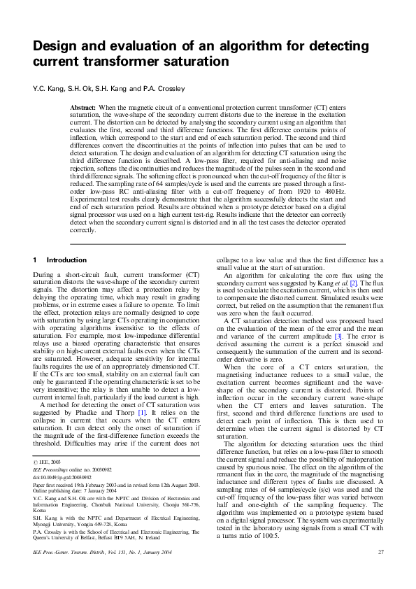 (PDF) Algorithm for Detecting Current Transformer Saturation