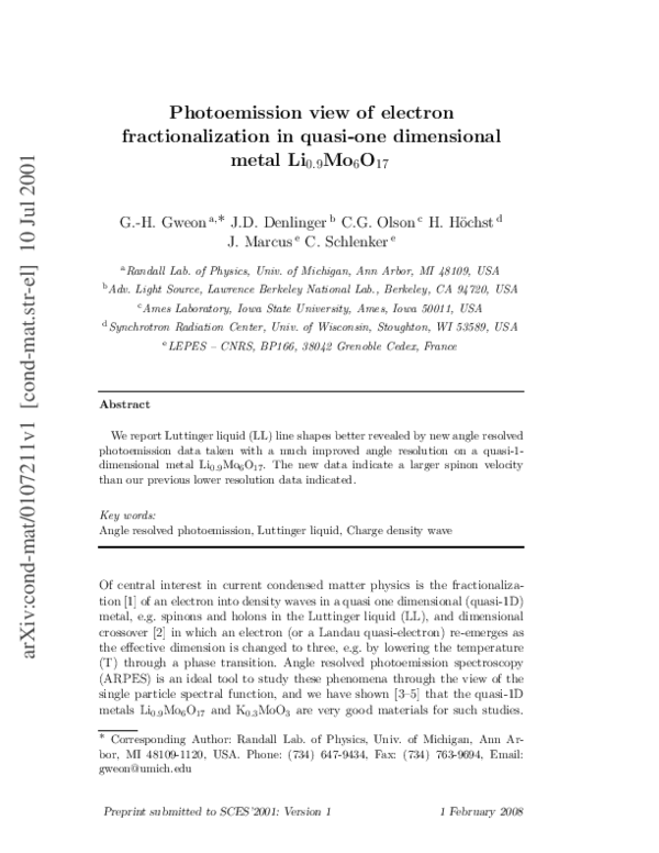 (PDF) Photoemission view of electron fractionalization in quasi-one ...