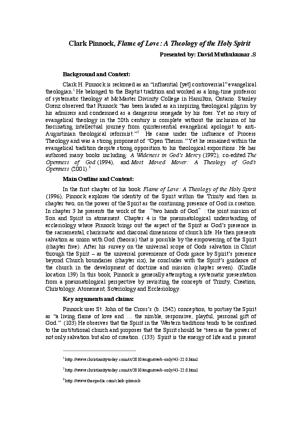 (PDF) Clark Pinnock, "Flame of Love: A Theology of the Holy Spirit"