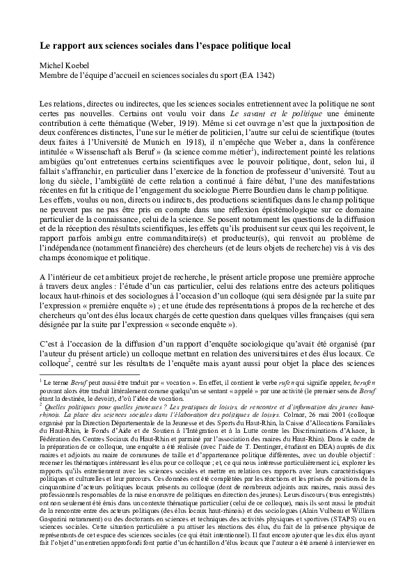 Le rapport aux sciences sociales dans l'espace politique local