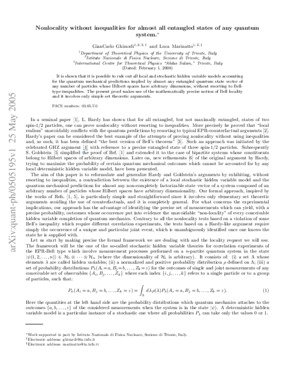 (PDF) Nonlocality without inequalities for almost all entangled states ...