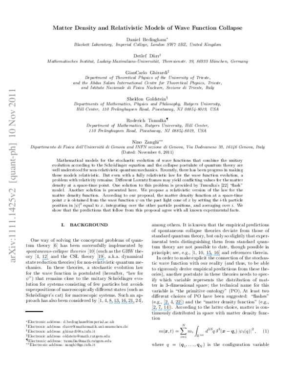 (PDF) Matter Density and Relativistic Models of Wave Function Collapse
