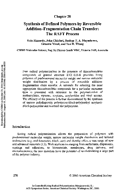 Pdf Synthesis Of Defined Polymers By Reversible Addition—fragmentation Chain Transfer The