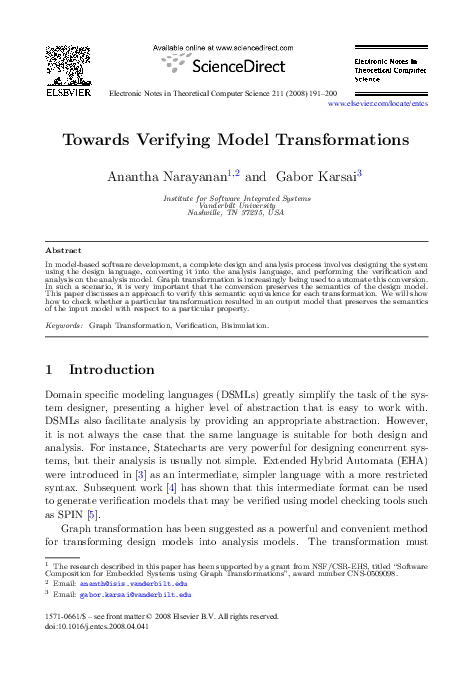 (PDF) Towards Verifying Model Transformations