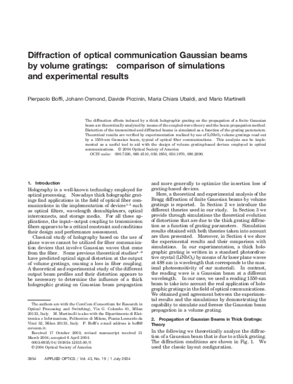 Pdf Diffraction Of Optical Communication Gaussian Beams By Volume Gratings Comparison Of