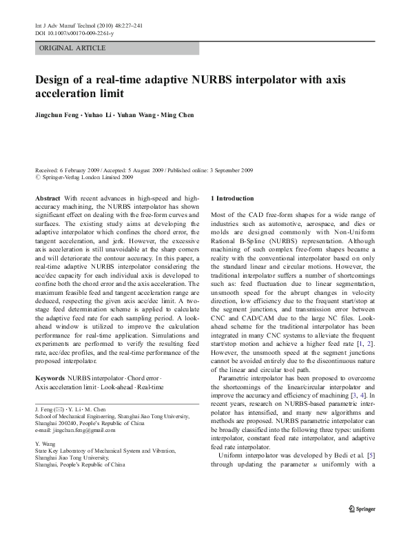 Pdf Design Of A Real Time Adaptive Nurbs Interpolator With Axis Acceleration Limit 