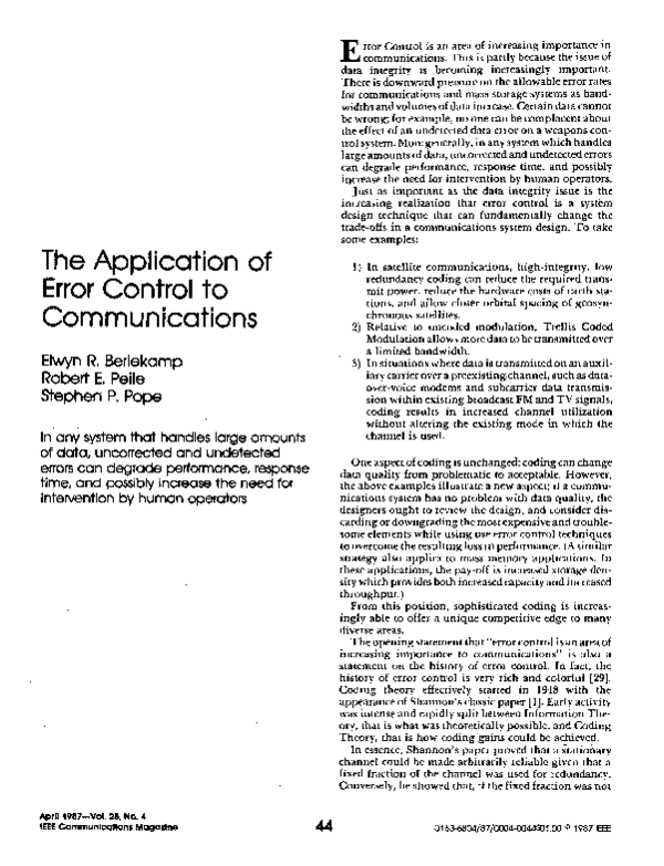(PDF) The Application of Error Control to Communications