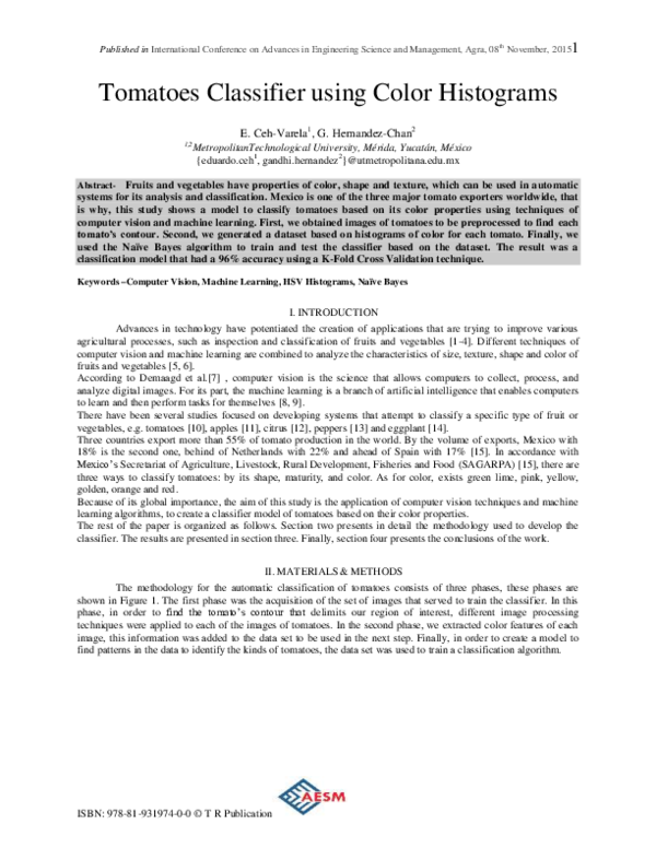 (PDF) Tomatoes Classifier using Color Histograms