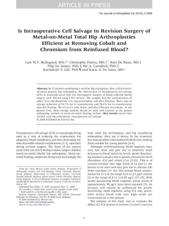 (PDF) Does Intraoperative Cell Salvage Remove Cobalt and Chromium from ...