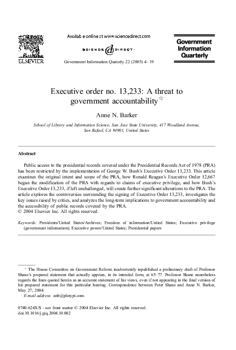 (PDF) Executive order no. 13,233: A threat to government accountability
