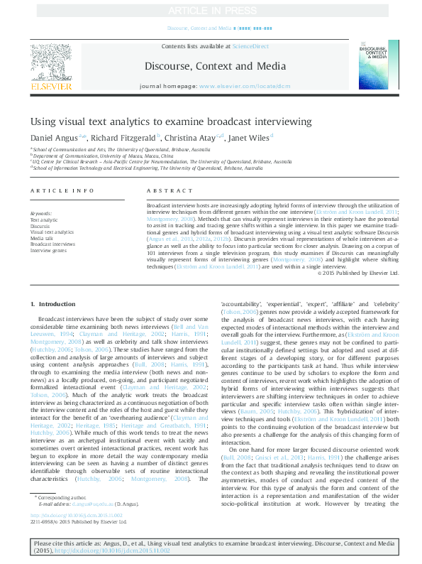 (PDF) Using visual text analytics to examine broadcast interviewing (2016) Angus, Fitzgerald ...
