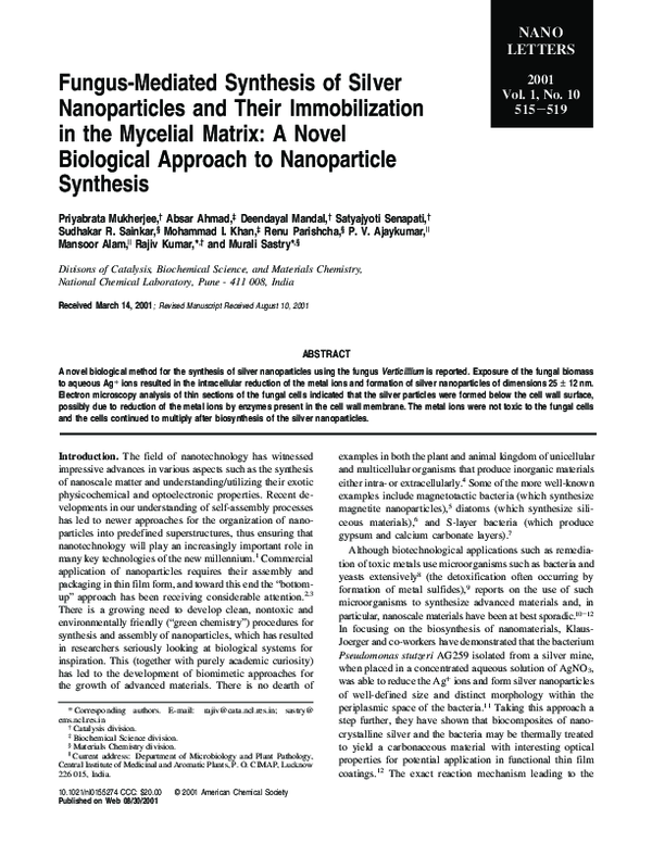 (PDF) Fungus-Mediated Synthesis of Silver Nanoparticles and Their Immobilization in the Mycelial ...
