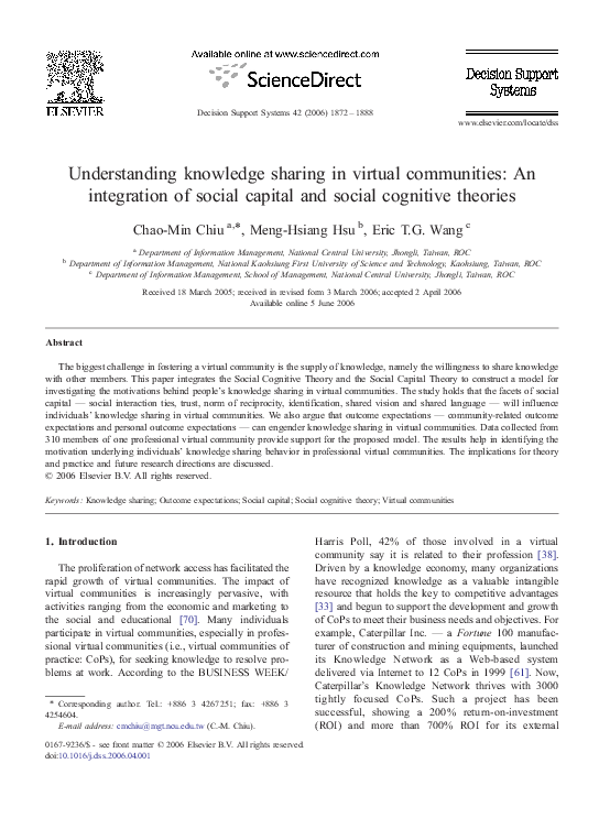(PDF) Understanding knowledge sharing in virtual communities: An integration of social capital ...