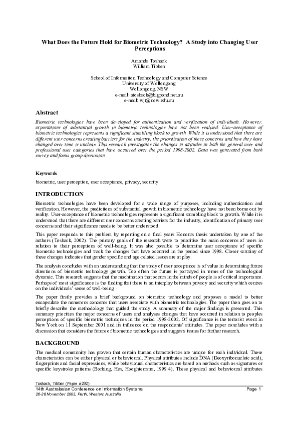 (PDF) What Does the Future Hold for Biometric Technology? A Study into Changing User Perceptions