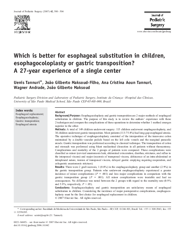(PDF) Which is better for esophageal substitution in children ...