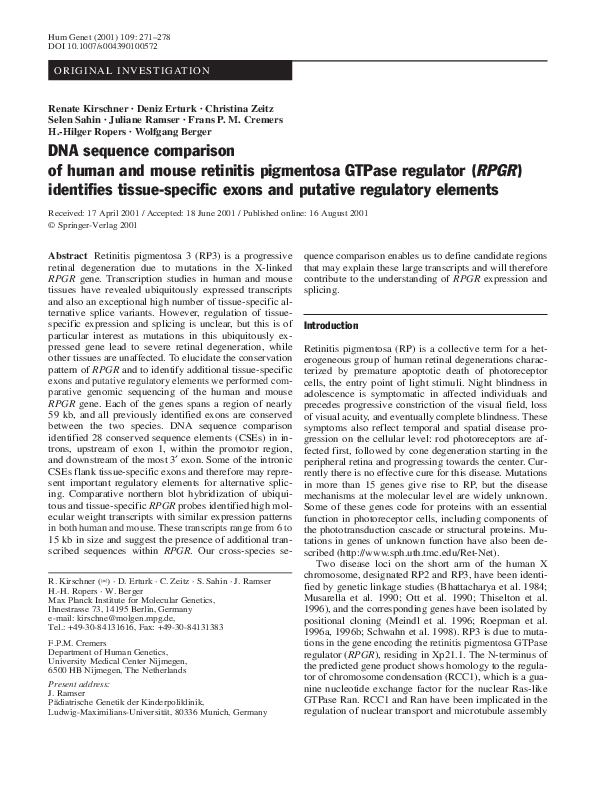 (PDF) DNA sequence comparison of human and mouse retinitis pigmentosa ...