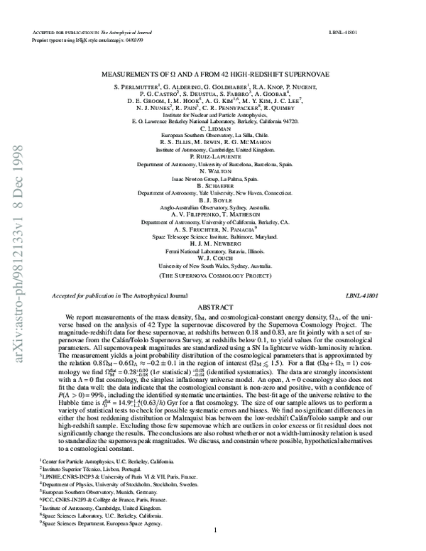 (PDF) Measurements of Omega and Lambda from High-Redshift Supernovae