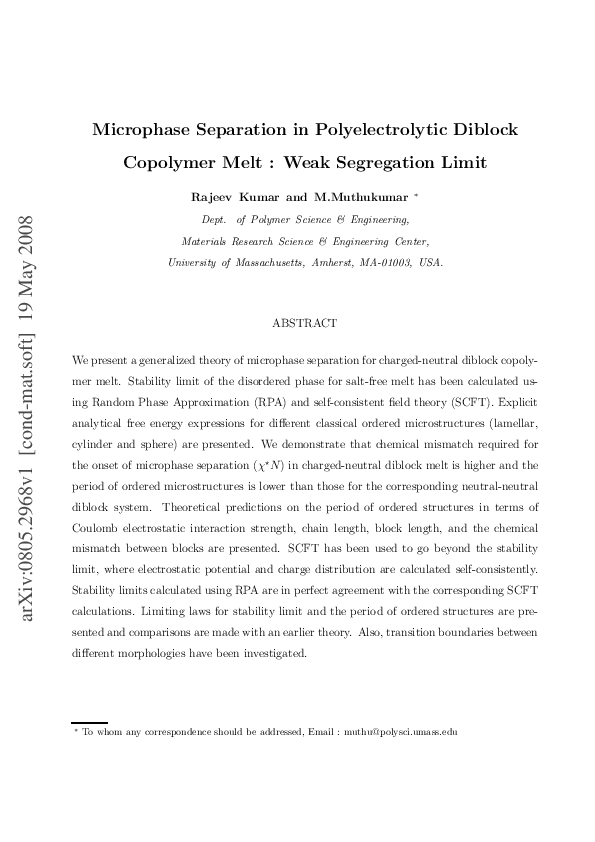 (PDF) Microphase separation in polyelectrolytic diblock copolymer melt ...