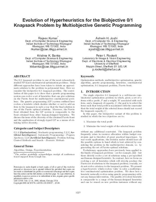 Pdf Evolution Of Hyperheuristics For The Biobjective 0 1 Knapsack Problem By Multiobjective
