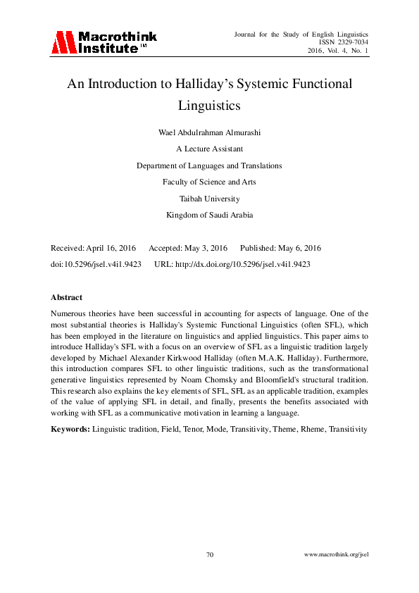 (PDF) An Introduction to Halliday's Systemic Functional Linguistics