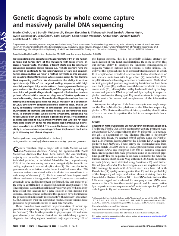 (PDF) Genetic diagnosis by whole exome capture and massively parallel DNA sequencing
