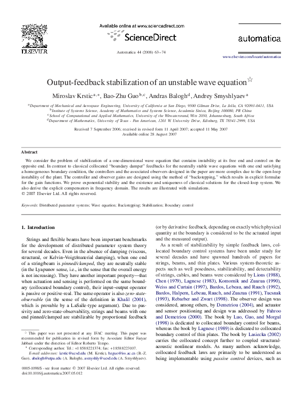 (PDF) Output-feedback stabilization of an unstable wave equation