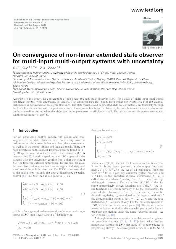 (PDF) On convergence of non-linear extended state observer for multi-input multi-output systems ...