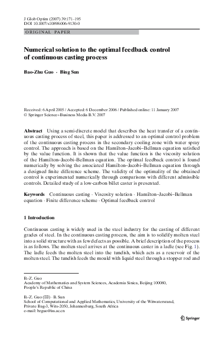 (PDF) Numerical solution to the optimal feedback control of continuous casting process