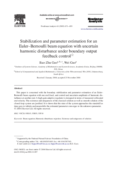(PDF) Stabilization and parameter estimation for an Euler–Bernoulli beam equation with uncertain ...