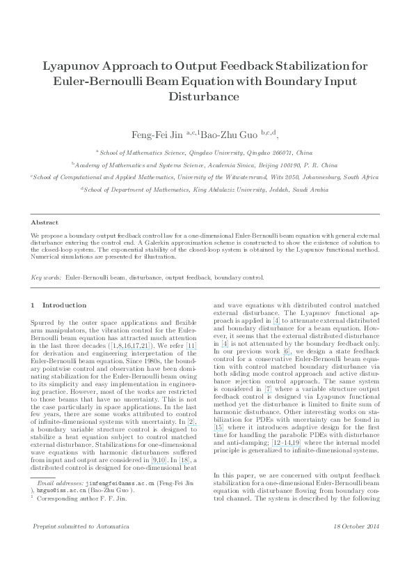 (PDF) Lyapunov approach to output feedback stabilization for Euler-Bernoulli beam equation with ...
