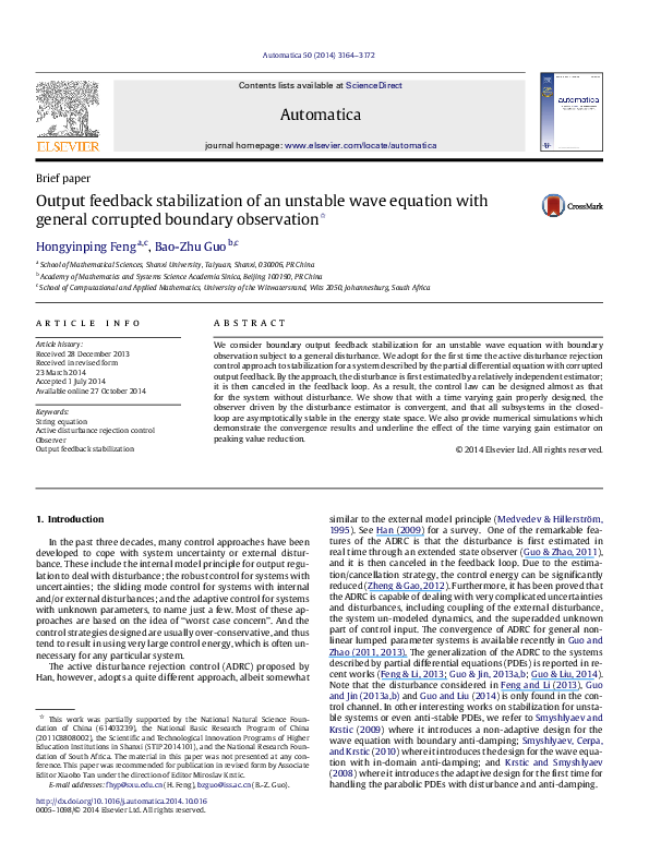 (PDF) Output feedback stabilization of an unstable wave equation with ...
